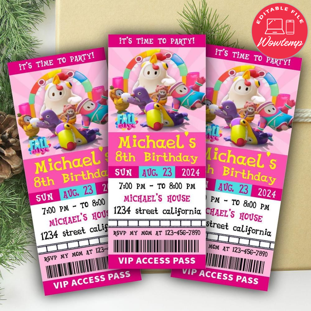Fall Guys Ticket Invitation Customizable Template | Wowtemp