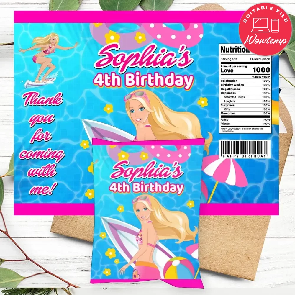 Barbie Pool Party Birthday Party Chip Bag Digital File DIY | Wowtemp