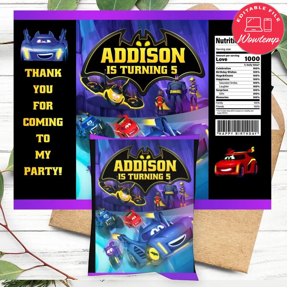 Batwheels Birthday Party Chip Bag Digital File DIY | Wowtemp
