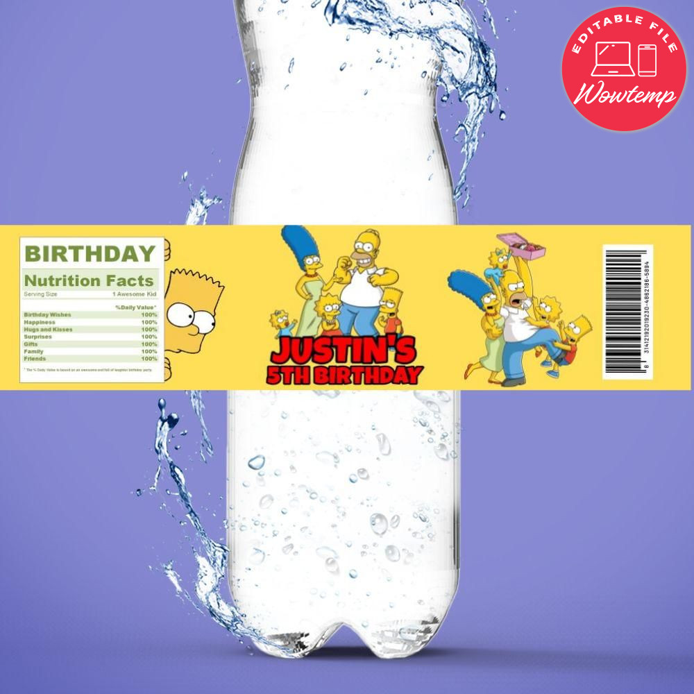 Simpson Birthday Water Bottle Label Template | Zingtemp