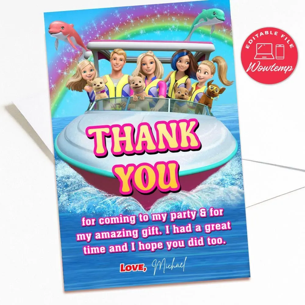 Barbie Dolphin Magic Thank You Card Customizable Template DIY | Wowtemp