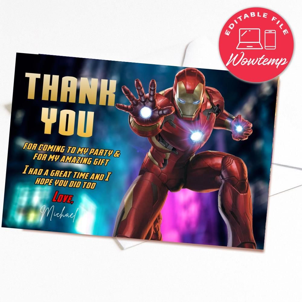 Iron Man Thank You Card Customizable Template DIY | Wowtemp