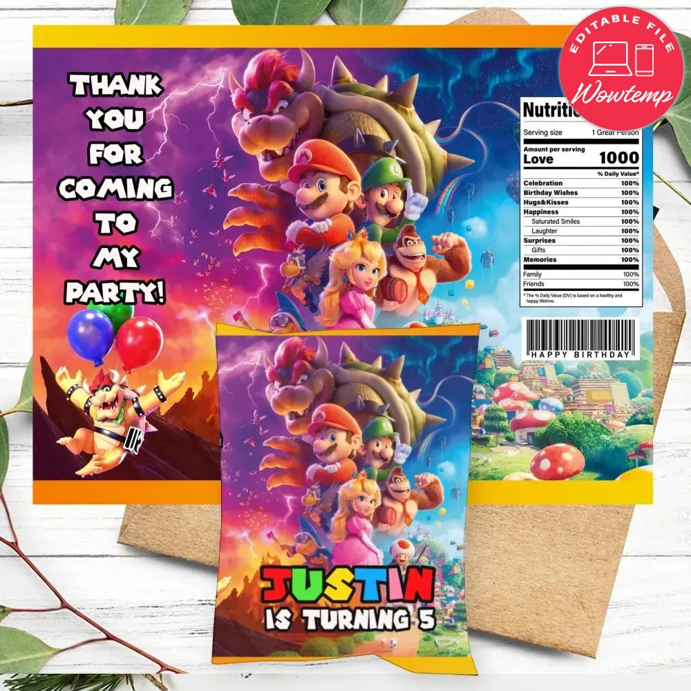 Super Mario Bros Birthday Party Chip Bag Digital File DIY | Wowtemp