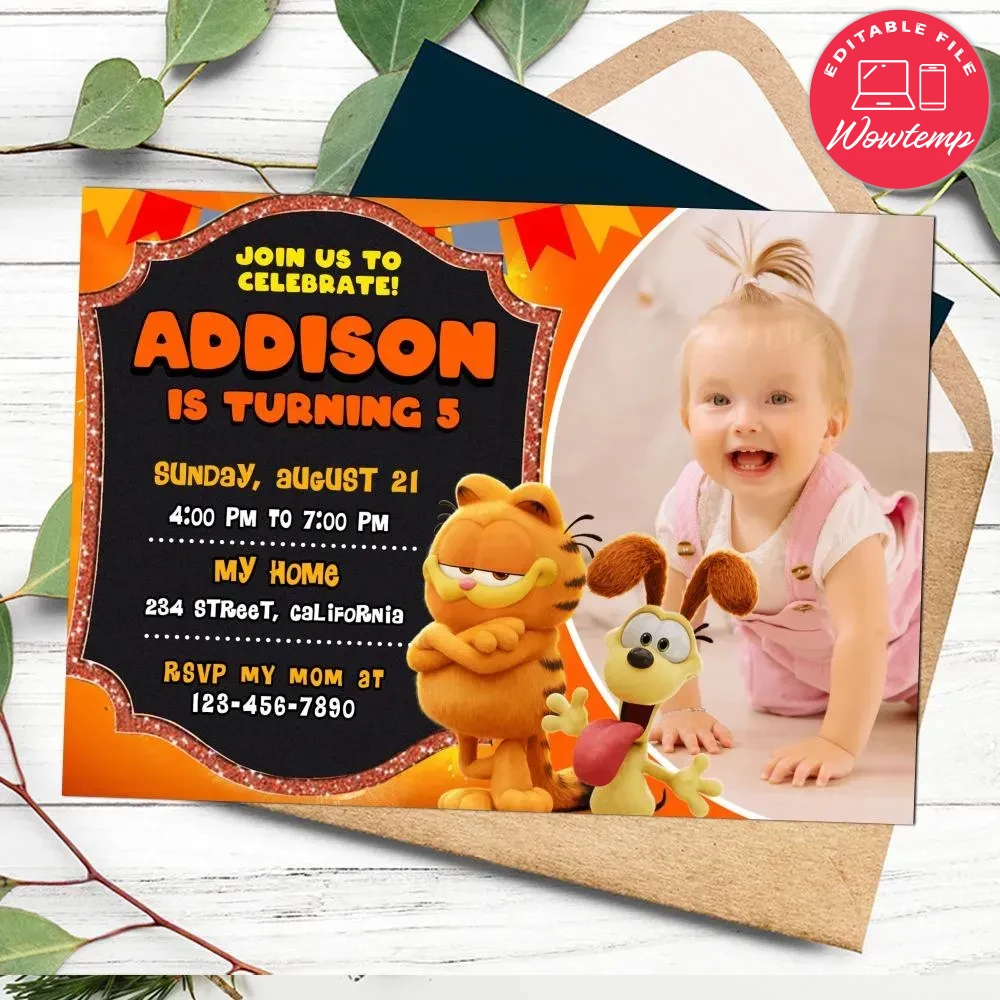 Garfield Birthday Invitation with Photo Customizable | Wowtemp