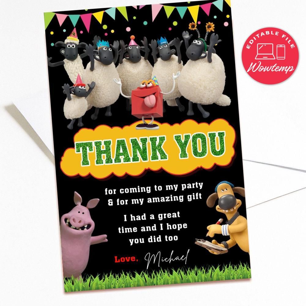 Shaun The Sheep Thank You Card Customizable Template DIY | Wowtemp