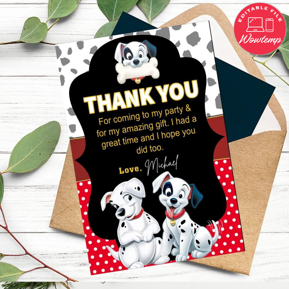 101 Dalmatians Thank You Card Customizable Template DIY | Wowtemp