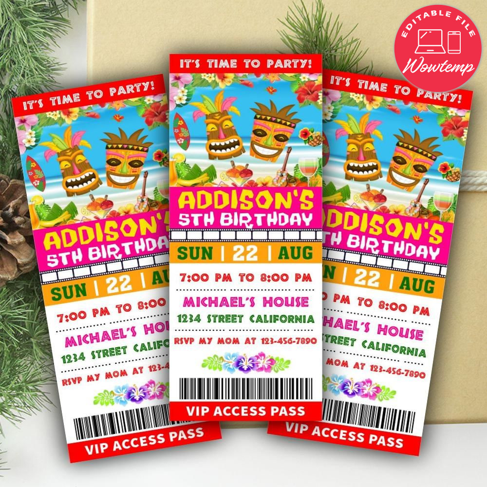 Luau Ticket Invitation Customizable Template | Wowtemp
