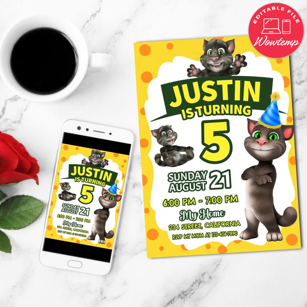 Talking Tom Invitation Customizable Template DIY | Wowtemp