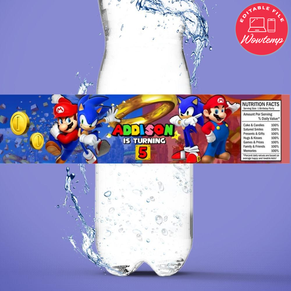 Sonic Mario Birthday Water Bottle Label Template | Wowtemp
