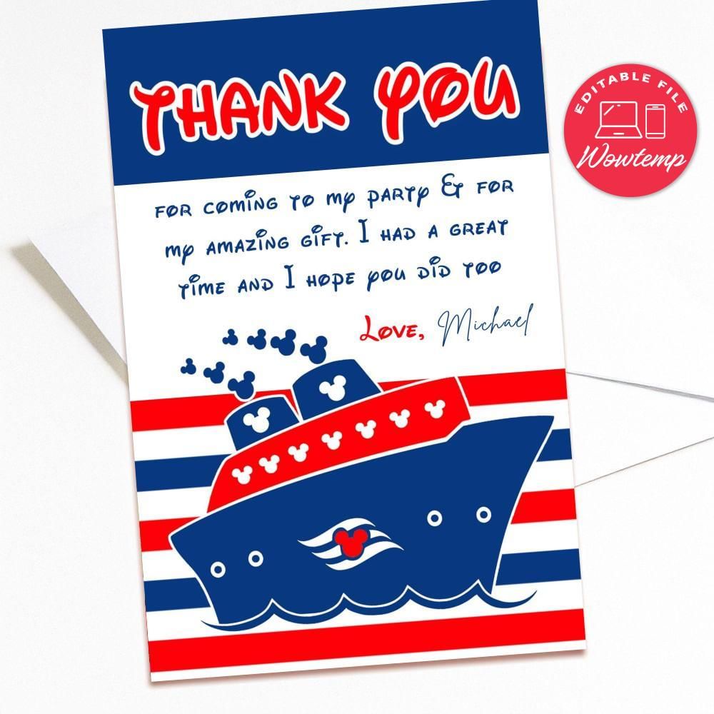 Disney Cruise Thank You Card Customizable Template DIY | Wowtemp