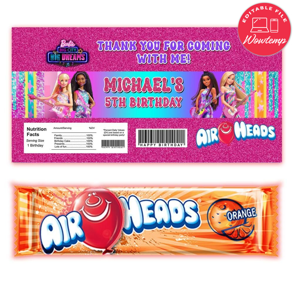 Barbie Big City Airhead Candy Wrapper Template Printable | Wowtemp