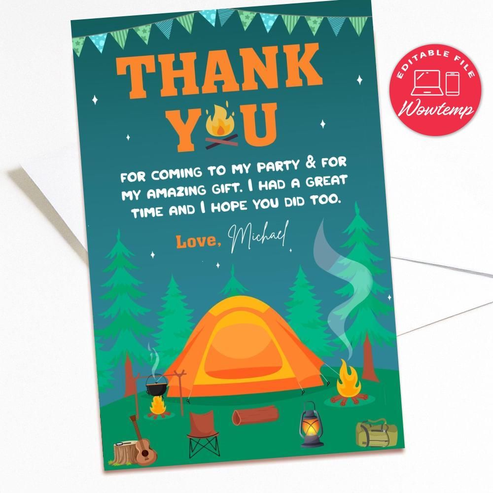 Camping Thank You Card Customizable Template DIY | Wowtemp