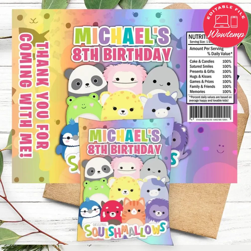 Squishmallow Birthday Chip Bag Digital File Printable | Wowtemp
