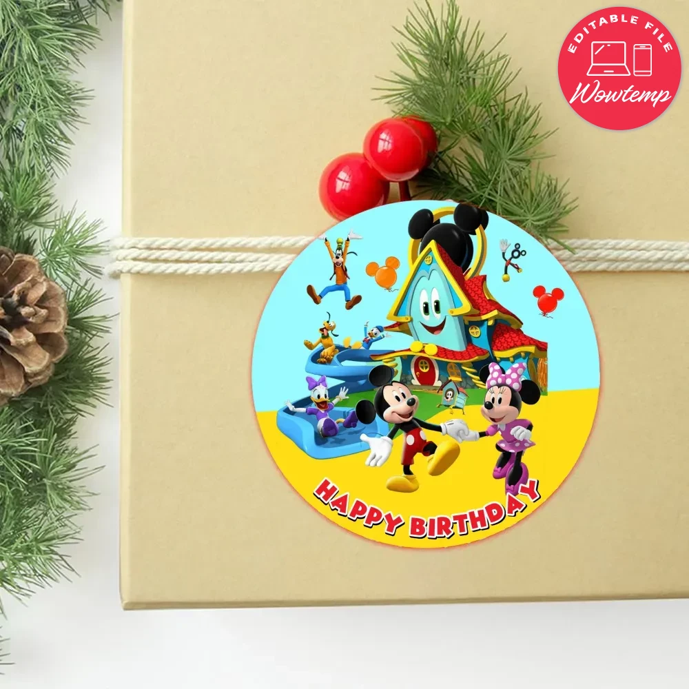 Mickey Mouse Funhouse Circle Sticker Template Customizable DIY | Wowtemp