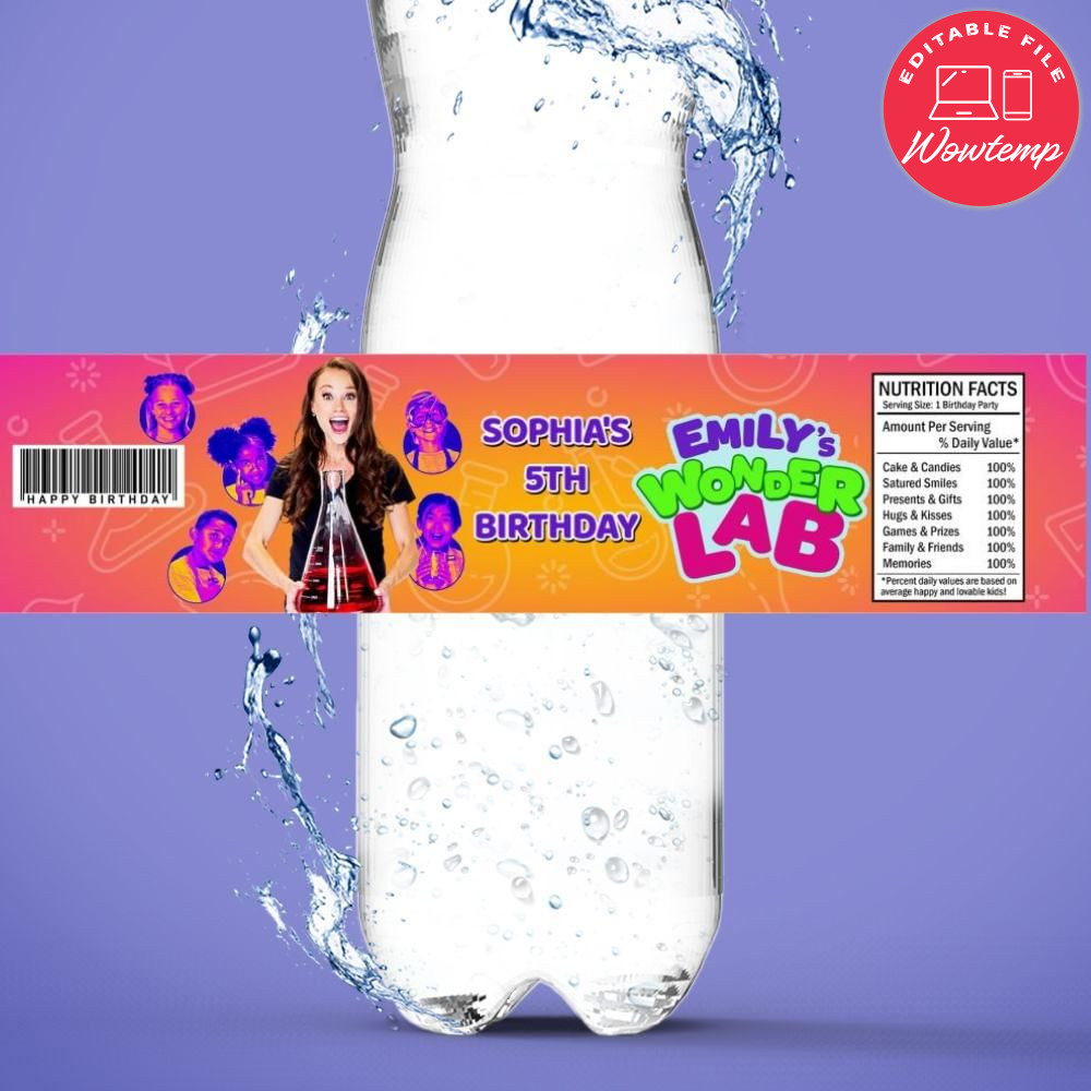 Emily's Wonder Lab Birthday Water Bottle Label Template | Wowtemp