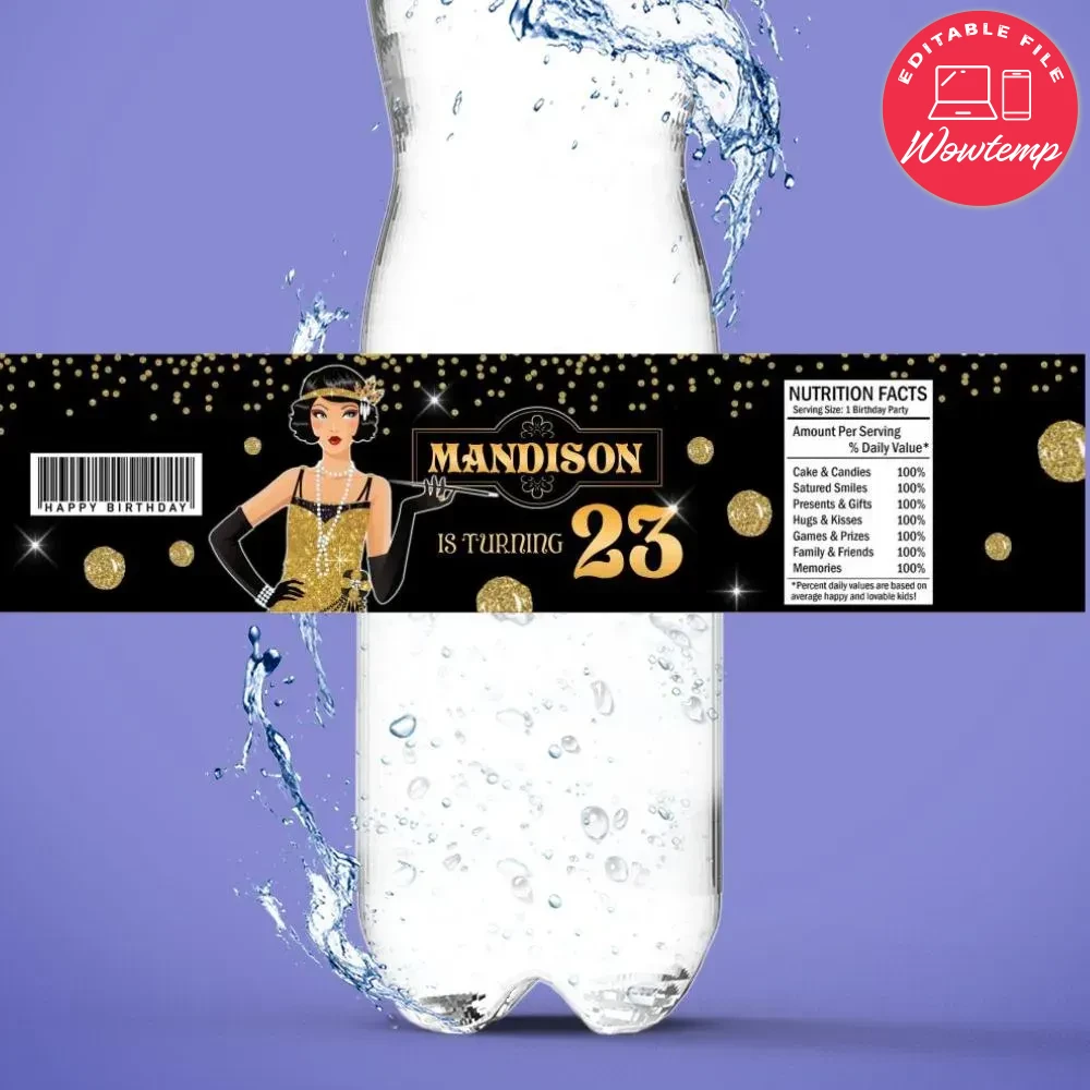 Flapper Birthday Water Bottle Label Template | Wowtemp