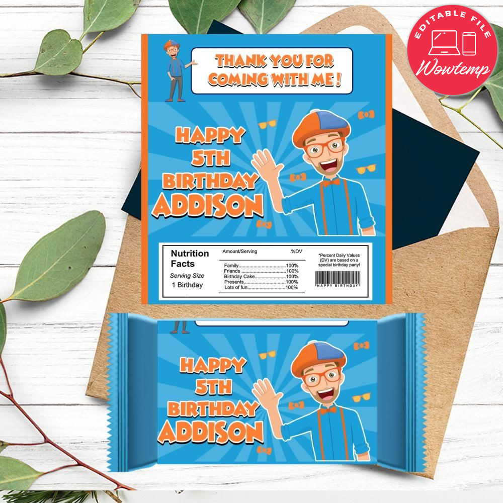 Blippi Candy bar Label Customizable Template DIY | Zingtemp