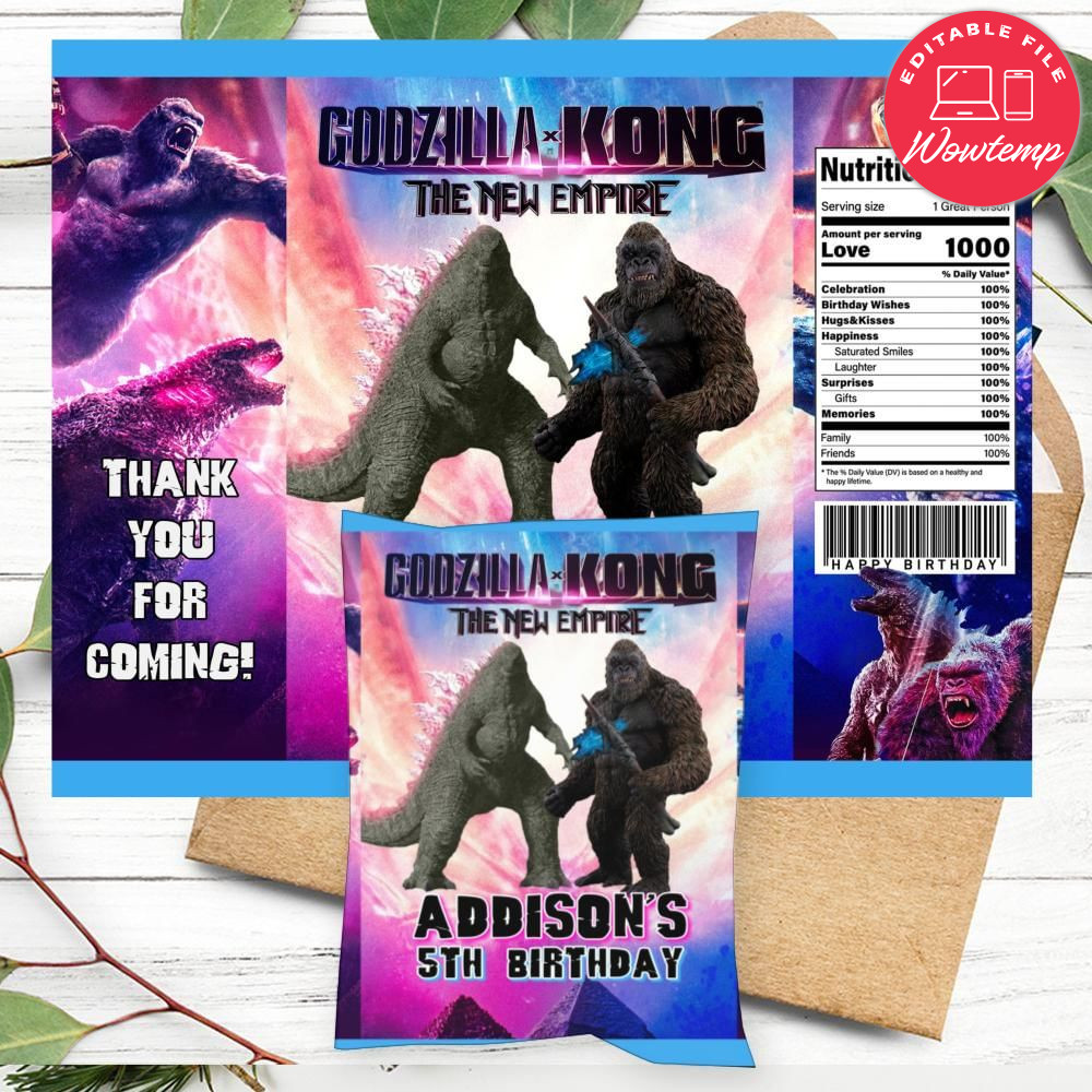 Godzilla Kong New Empire Birthday Party Chip Bag Digital File DIY | Wowtemp