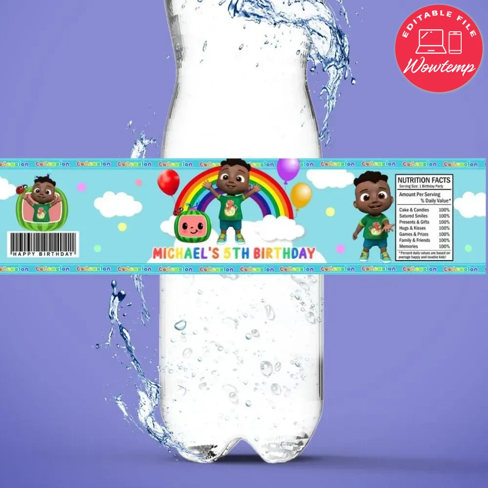Cocomelon Cody Birthday Water Bottle Label Template | Wowtemp