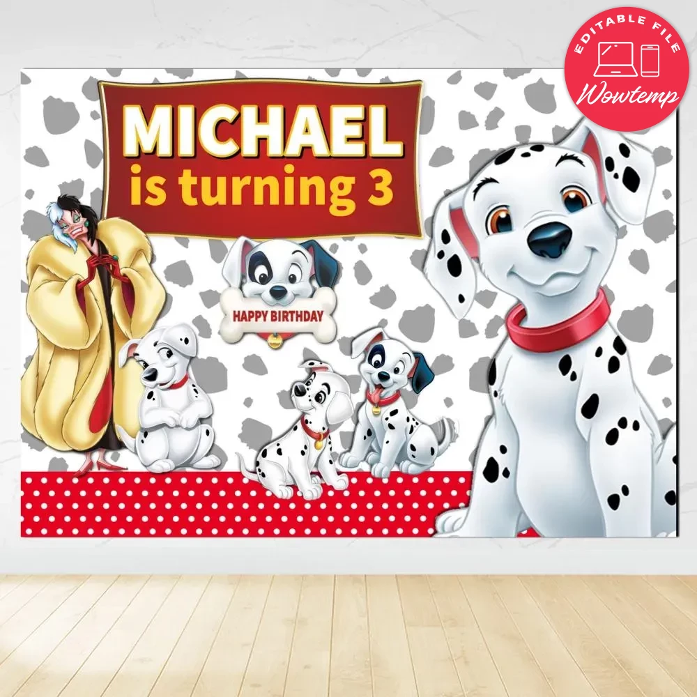 101 Dalmatians Birthday Backdrop Digital File Template | Wowtemp