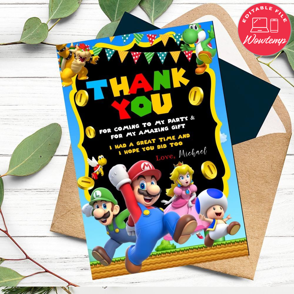 Super Mario Thank you card Customizable Template DIY | Wowtemp