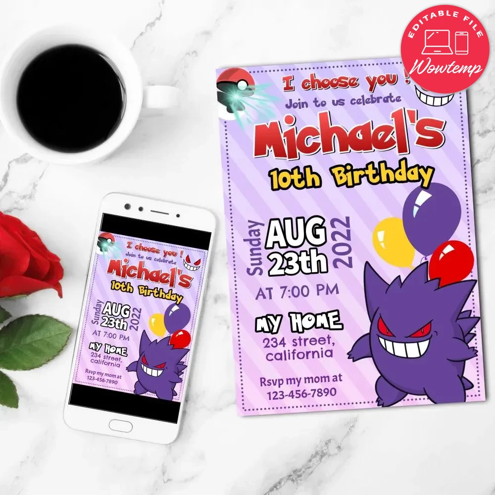 Gengar Invitation Customizable Template DIY | Wowtemp