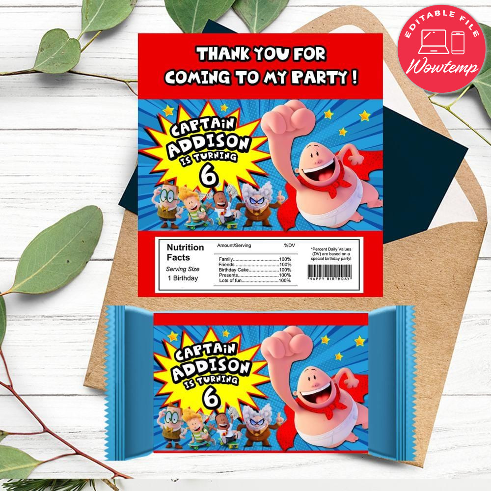 Captain underpants Candy bar Label Customizable Template DIY | Wowtemp