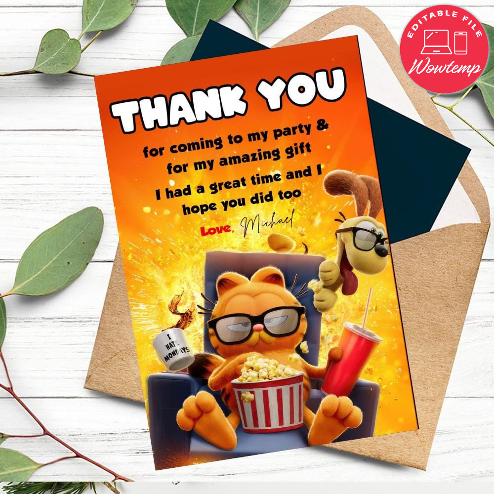 Garfield Thank You Card Customizable Template DIY | Wowtemp