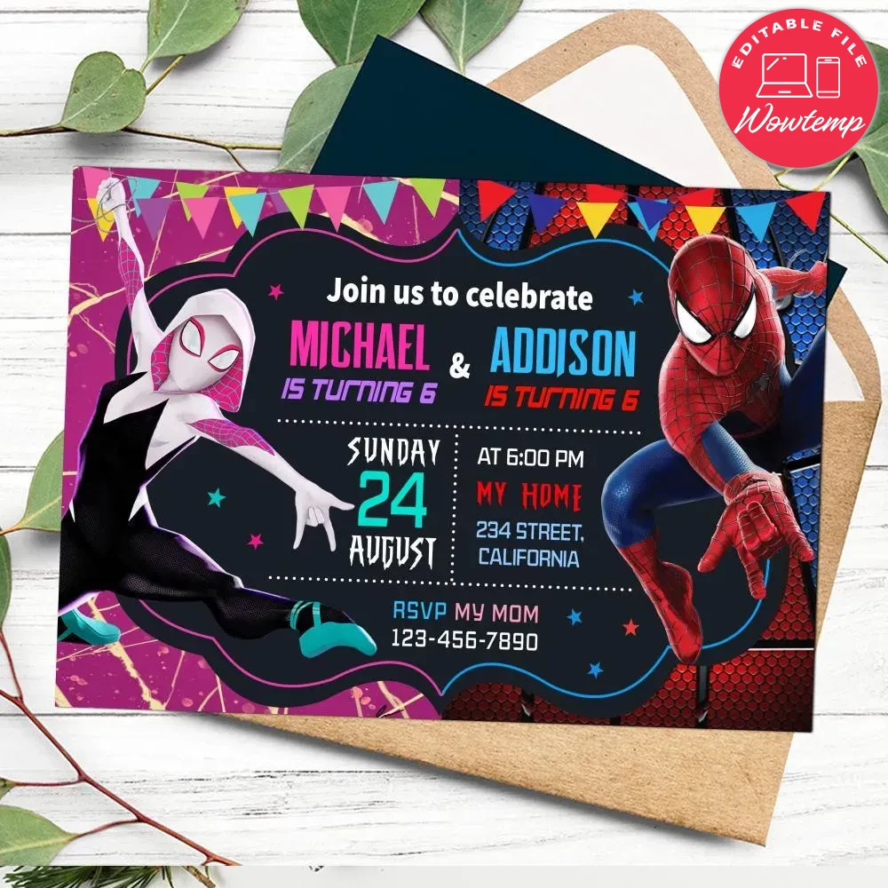 Gwen Stacy and Spiderman Invitation Customizable Template DIY | Wowtemp