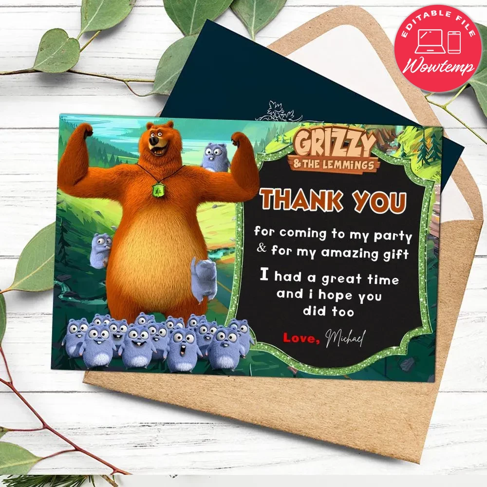 Grizzy And The Lemmings Thank You Card Customizable Template DIY | Wowtemp