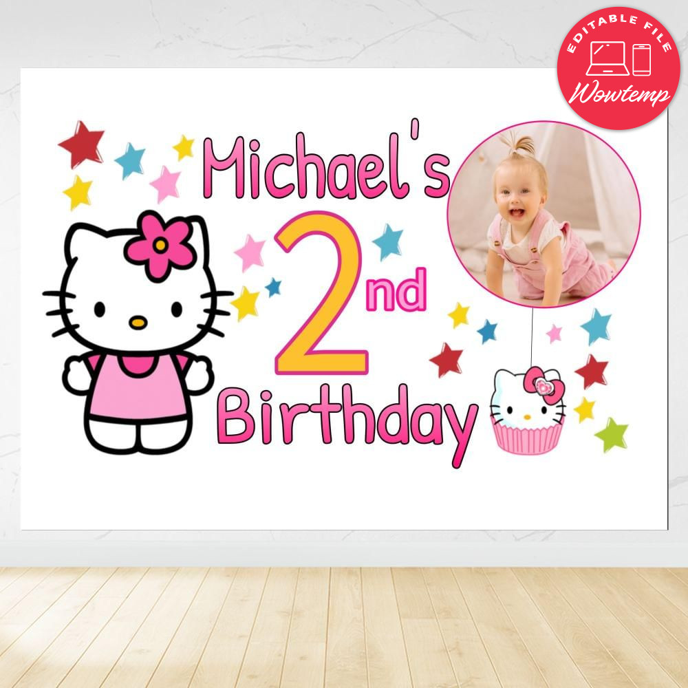 Hello kitty Birthday Banner Backdrop Digital File Template | Wowtemp