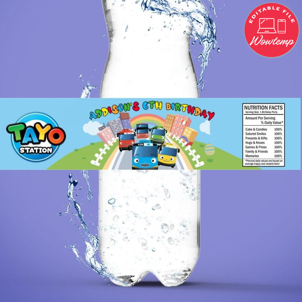 Tayo Birthday Water Bottle Label Template | Wowtemp