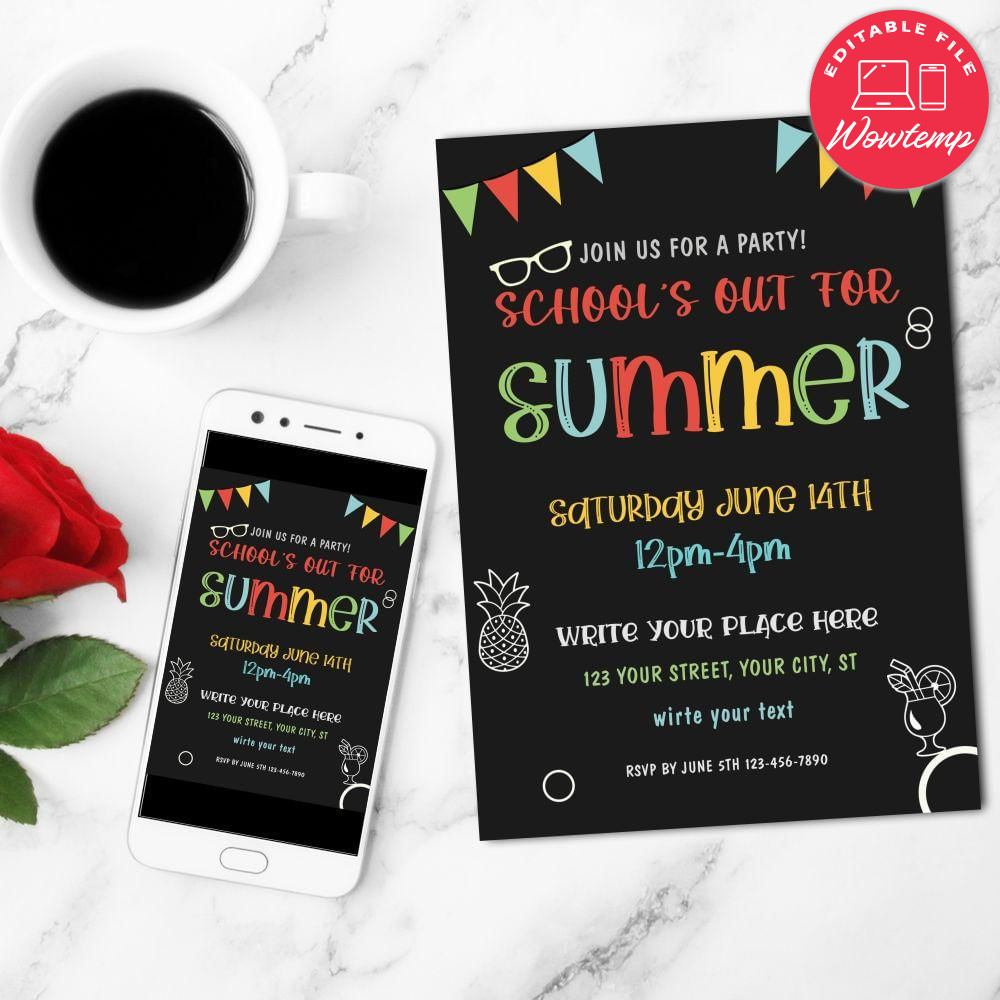 School out Summer bash Invitation Customizable Template DIY | Wowtemp