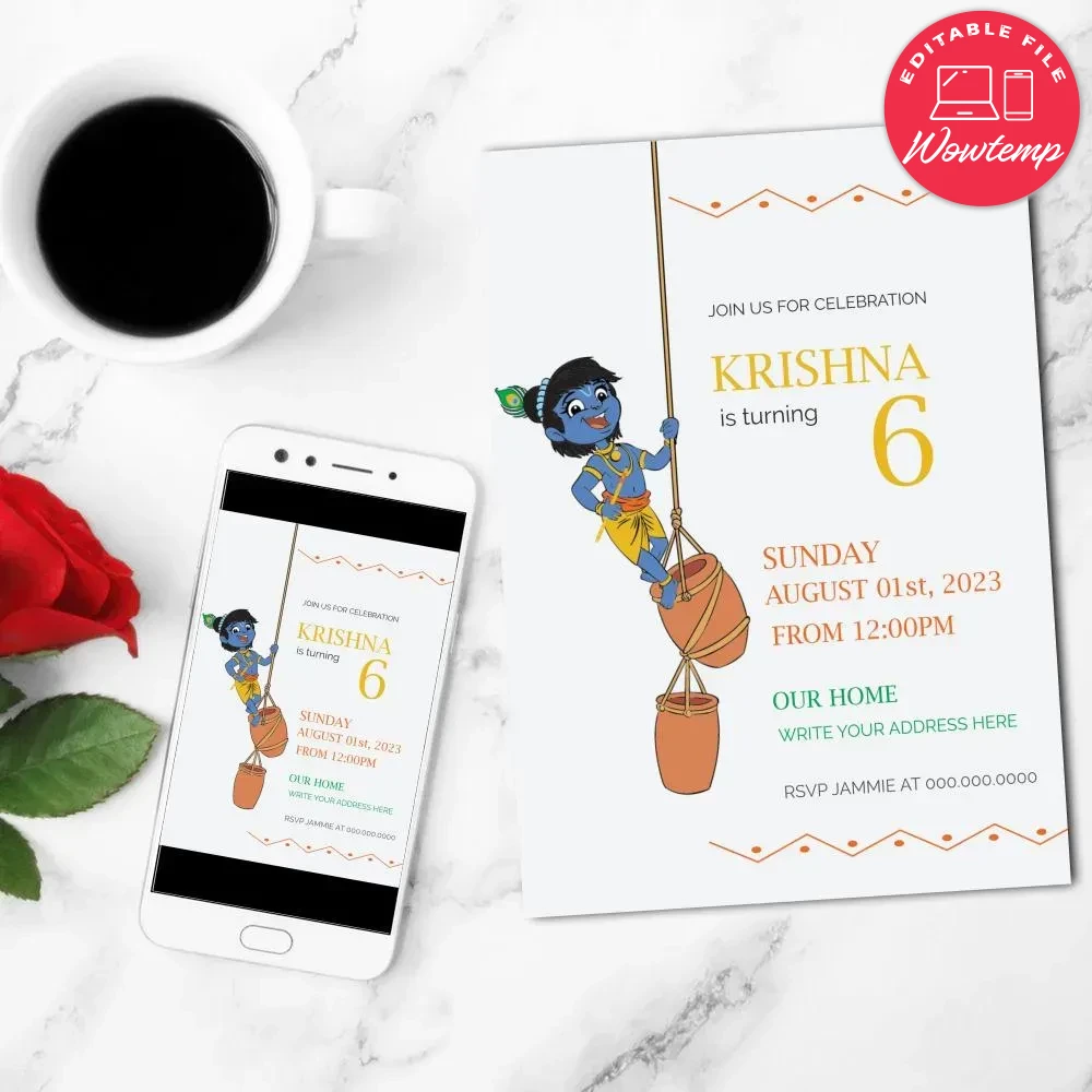 Little Krishna Invitation Customizable Template DIY | Wowtemp