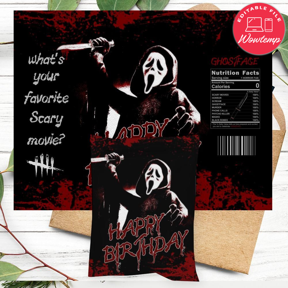 Ghostface Birthday Chip Bag Customizable Template DIY | Wowtemp