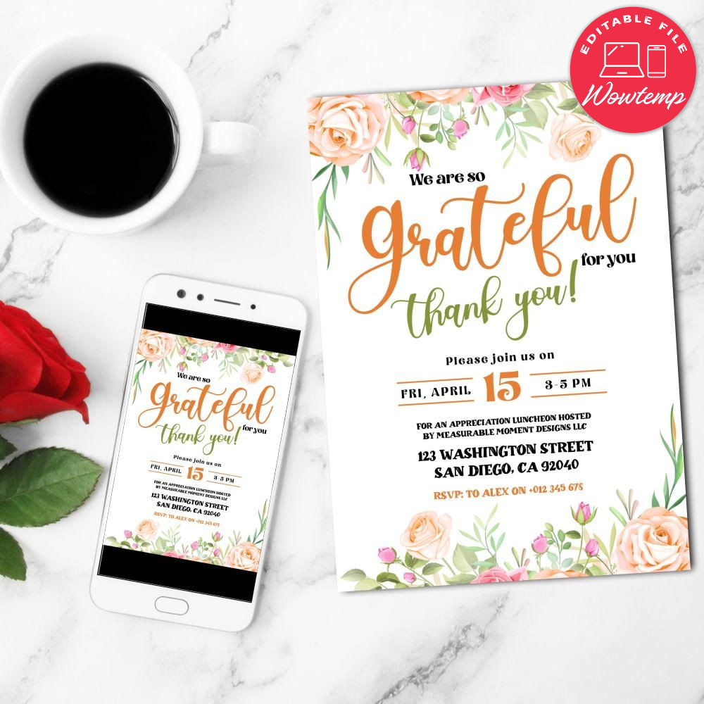 Appreciation Grateful Invitation Template Customizable DIY | Wowtemp