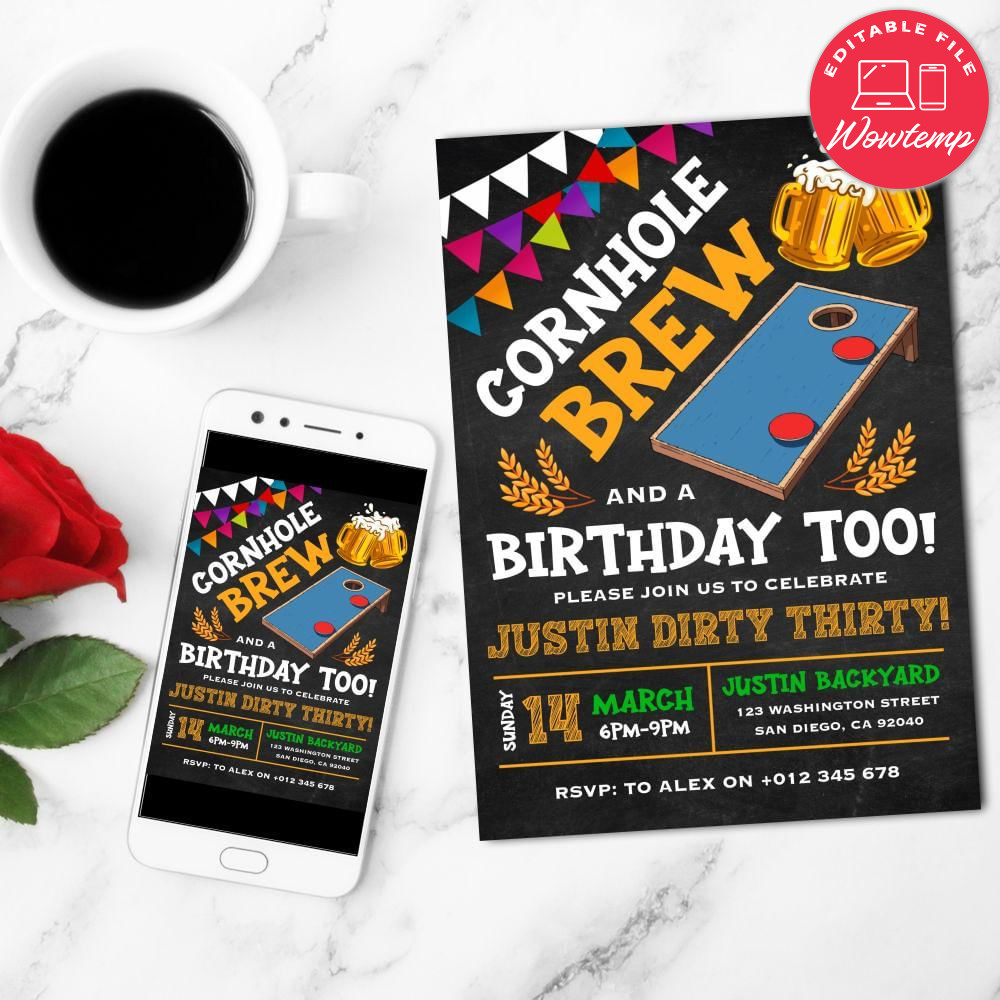 Cornhole Birthday Invitation Template Customizable DIY | Wowtemp