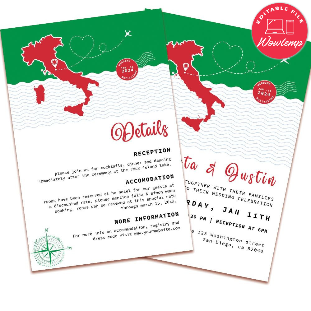 Italy Destination Wedding Invitation Template Customizable DIY | Wowtemp