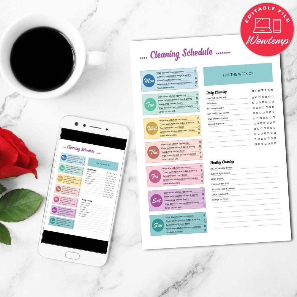 Cleaning Schedule Template Customizable Instant Download | Wowtemp