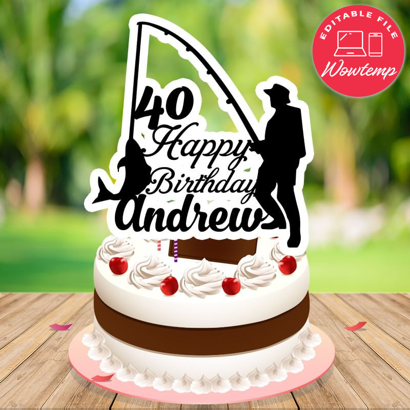 Fishing Birthday Cake Topper Template Customizable DIY | Zingtemp